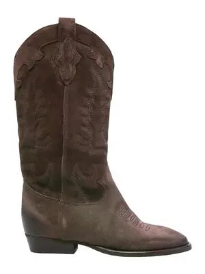 GISEL MOIRE Embroidered Suede Cowboy Boots - Brown