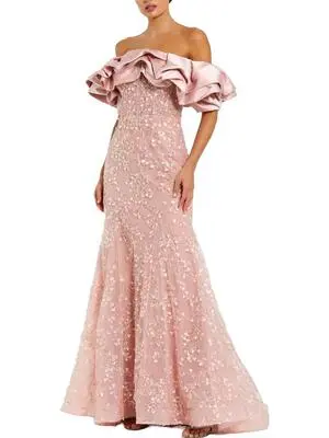 Mac Duggal Beaded Applique Off-the-shoulder Mermaid Gown - Rose
