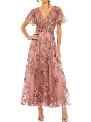 Mac Duggal Flutter Sleeve Faux Wrap Embellished Tea Length Dress - Mauve