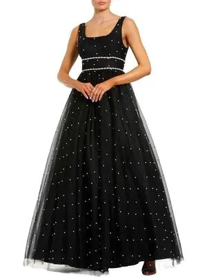 Mac Duggal Pearl Embellished Tulle Ball Gown - Black Ivory