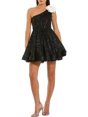 Mac Duggal One-shoulder Sequin Mini Dress With 3d Flower - Black Ivory