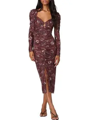 Astr The Label Long Sleeve Ruched Mesh Midi Dress Burgundy Floral
