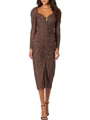 Astr The Label Long Sleeve Ruched Mesh Midi Dress Leopard Print