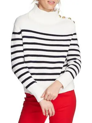 COURT & ROWE Stripe Mock Neck Sweater - Antique White
