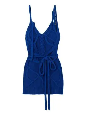 Dries Van Noten Distressed Cable-knit Cotton Tank With Waist Ties - Royal Blue