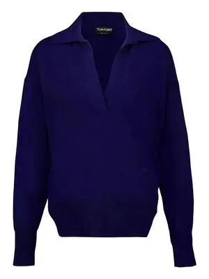 TOM FORD V-neck Knit Polo Top - Blue