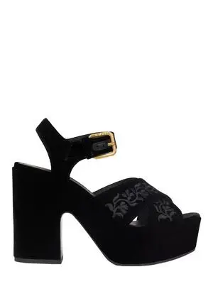 Etro Velvet Platform Sandals With Floral Embroidery - Black