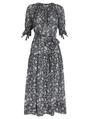 Ulla Johnson Cotton Floral Selena Midi Dress - Black