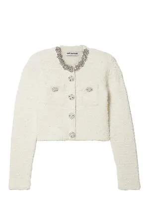 SELF-PORTRAIT Cropped Crystal-embellished Bouclé Cardigan - Cream