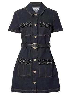 SELF-PORTRAIT Crystal-embellished Denim Mini Shirt Dress - Blue
