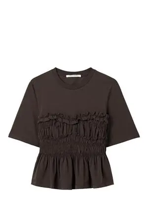 Cecilie Bahnsen Vilde Ruffled Shirred Cotton-jersey T-shirt - Brown