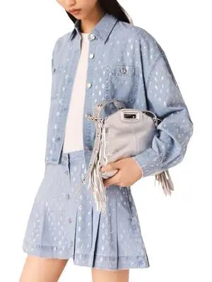 Maje Short Rhinestone Denim Shirt - Denim Blue