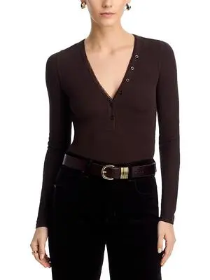 FRAME Mesh Trim Rib Henley - Coffee