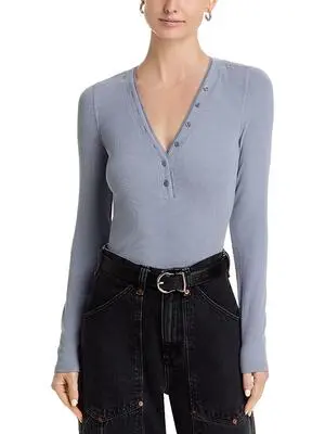 FRAME Mesh Trim Rib Henley - Gray Blue