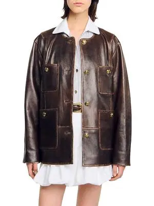 Sandro Long Distressed Leather Jacket - Black/ Brown