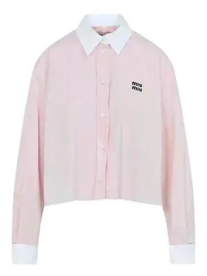 Miu Miu Logo-embroidered Frayed-hem Shirt - Pink