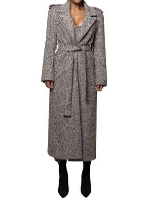 JLUXLABEL Belted Tweed Overcoat - Gray