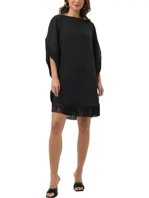 Trina Turk Mini Neena Fringe Trim Caftan Dress - Black