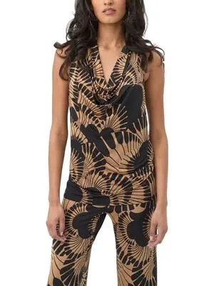 Trina Turk Printed Cowl Neck Top - Black/camel