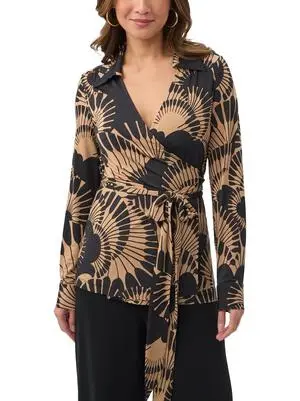 Trina Turk Makeba Printed Jersey Wrap Top - Black/camel