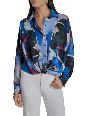 Dkny Printed Satin Shirt - Blue Brush