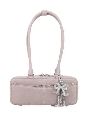 SELF-PORTRAIT Suede Leather Baguette Bag With Charm - Grey