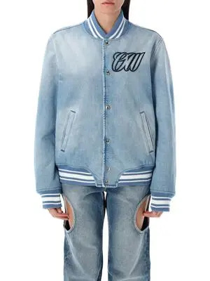 Off White Cotton Denim Varsity Jacket - Blue