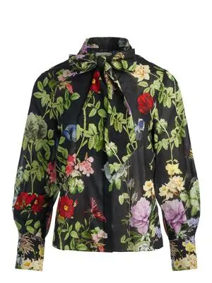 Alice + Olivia Lloyd Cotton Floral Print Blouse - Black