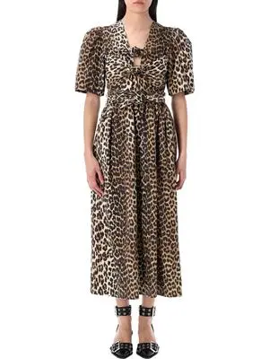 GANNI Leopard Printed Midi Dress - Brown