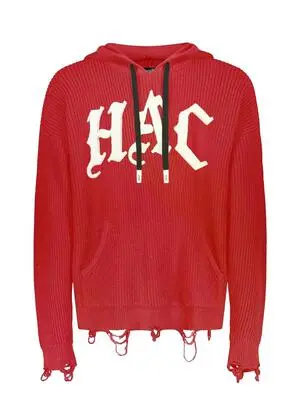 HACULLA. Hooded Distressed Appliqué Wool Sweater - Red