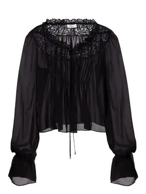 Chloé Gathered Lace-trimmed Silk Georgette Blouse - Black