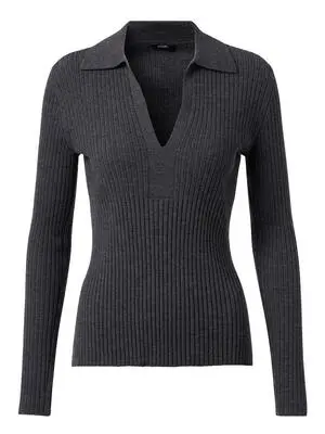 JOSEPH Ribbed-knit Wool Polo Shirt - Grey