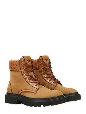 Mcm Ankle Boots In Nubuck And Monogram Print Leather - Cognac