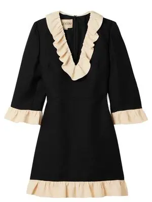 Valentino Garavani Ruffled Wool And Silk-blend Crepe Mini Dress - Black