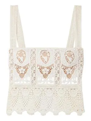 Johanna Ortiz Casablanca Cropped Embroidered Voile And Crochet Tank - White