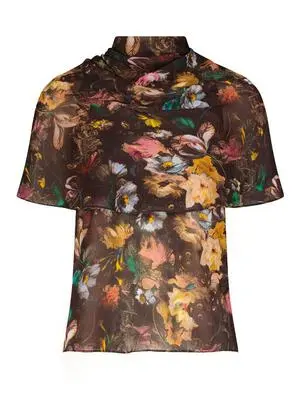 Lela Rose Floral Chiffon Cowl Neck Blouse - Brown