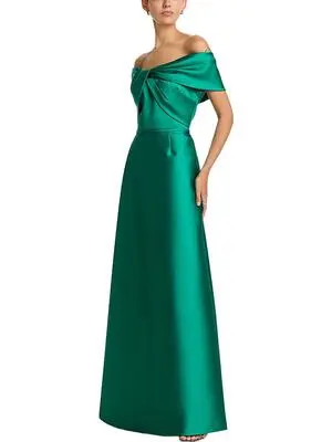Rickie Freeman For Teri Jon Stretch Mikado Off Shoulder Twist Front Gown - Jade