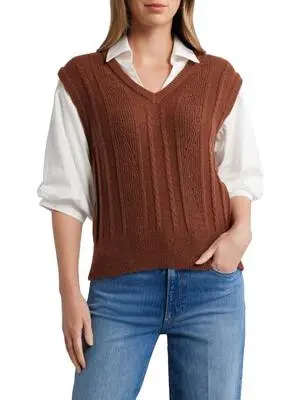 Wit & Wisdom Mixed Media Elbow Sleeve Shirt & Sweater Vest - Copper/off White