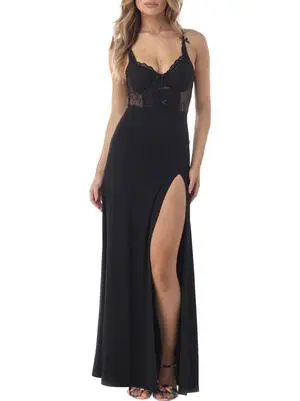SKY Lace Inset Corset Maxi Slipdress - Black