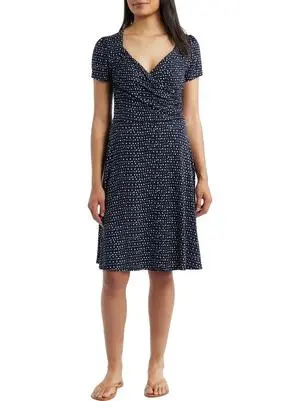 Loveappella Dot Print Surplice Neck Dress - Navy