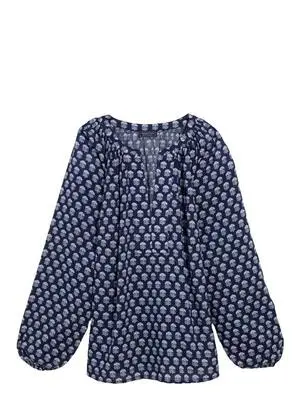 Vineyard Vines Printed Split Neck Popover Top Avi Block Naut Navy