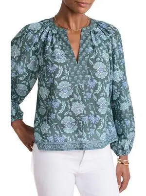 Vineyard Vines Printed Split Neck Popover Top - Edie Floral Balsam