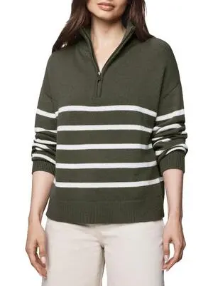 Splendid Striped Quarter Zip Pointelle Sweater - Green Spruce/pale Oak