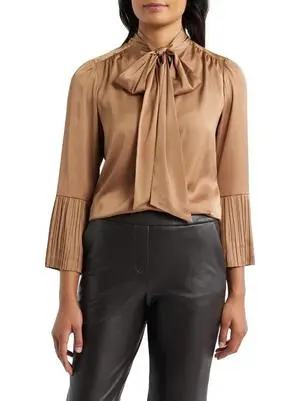 Anne Klein Pussybow Tie Satin Top - Vicuna