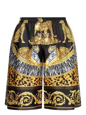 Versace Tiger Leopard-print Silk Shorts - Black