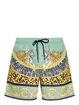 Versace Tiger-print Drawstring Swim Shorts - Green