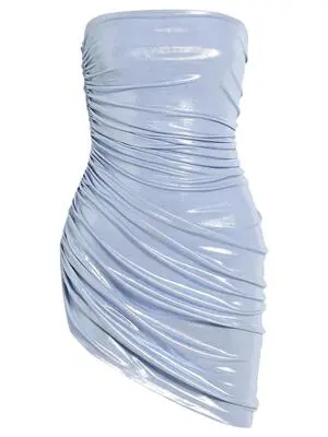 Norma Kamali Diana Pickleball Strapless Ruched Lamé Mini Dress - Light Blue