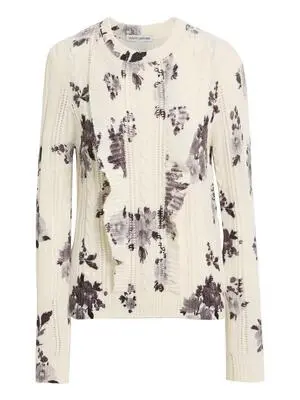 Autumn Cashmere Ruffled Floral-print Cable-knit Cashmere Sweater - Cream