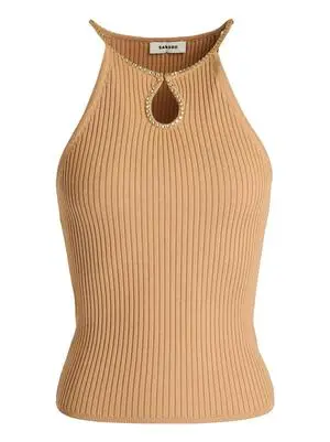 Sandro Crystal-embellished Ribbed-knit Cutout Top - Sand