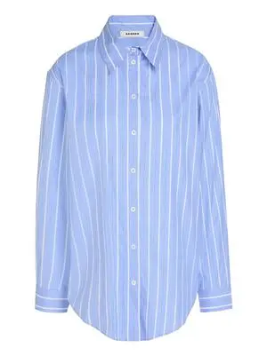 Sandro Lace-trimmed Cutout Striped Cotton-poplin Shirt - Light Blue